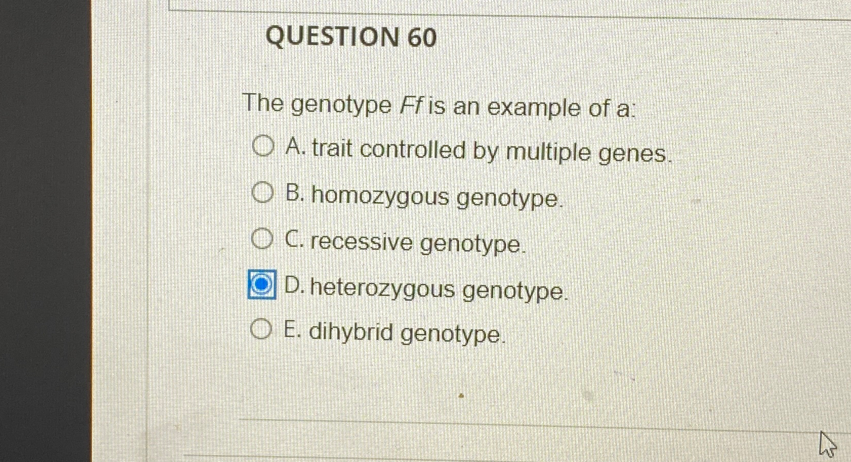 Solved QUESTION 60The genotype Ff ﻿is an example of a:A. | Chegg.com