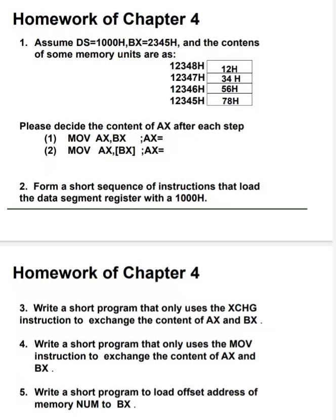 Solved 1. Assume DS=1000H,BX=2345H, and the contens of some | Chegg.com