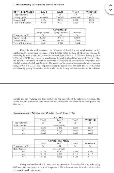 I. Measurement of Viscosity using Ostwald Viscometer | Chegg.com