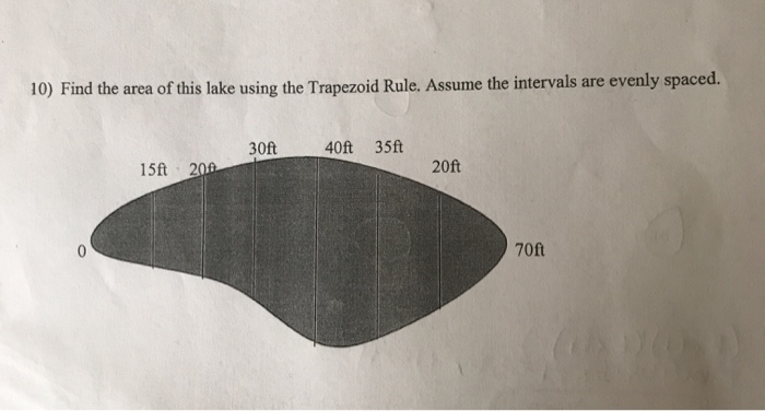 Solved 10) Find the area of this lake using the Trapezoid | Chegg.com