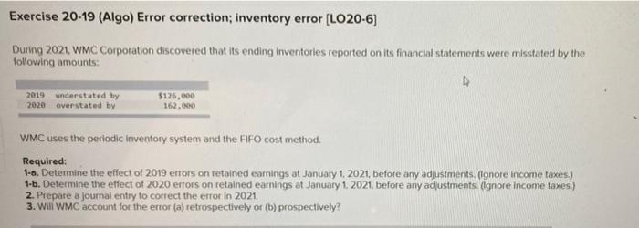 Solved Exercise 20-19 (Algo) Error correction; inventory | Chegg.com