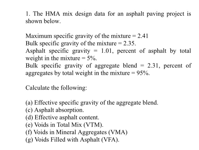 Solved 1. The HMA mix design data for an asphalt paving | Chegg.com