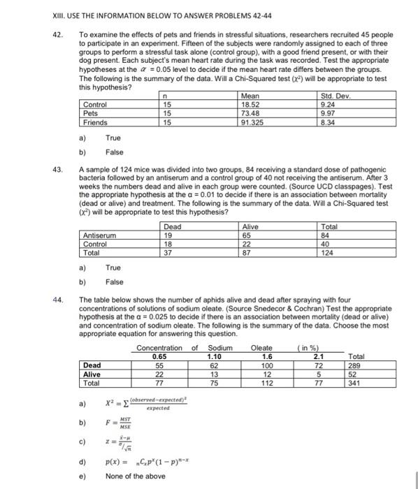 Solved XII. USE THE INFORMATION BELOW TO ANSWER PROBLEMS | Chegg.com