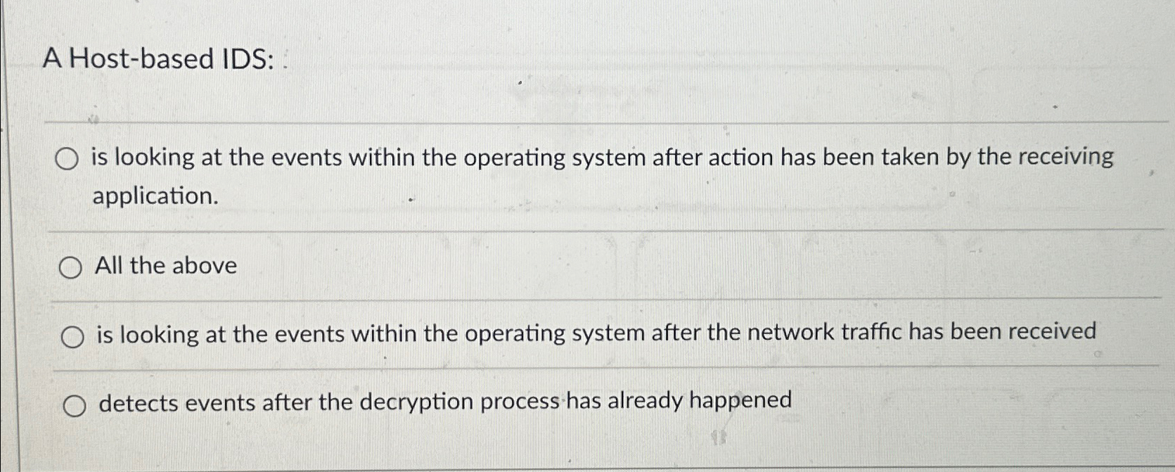 Solved A Host-based IDS:is looking at the events within the | Chegg.com