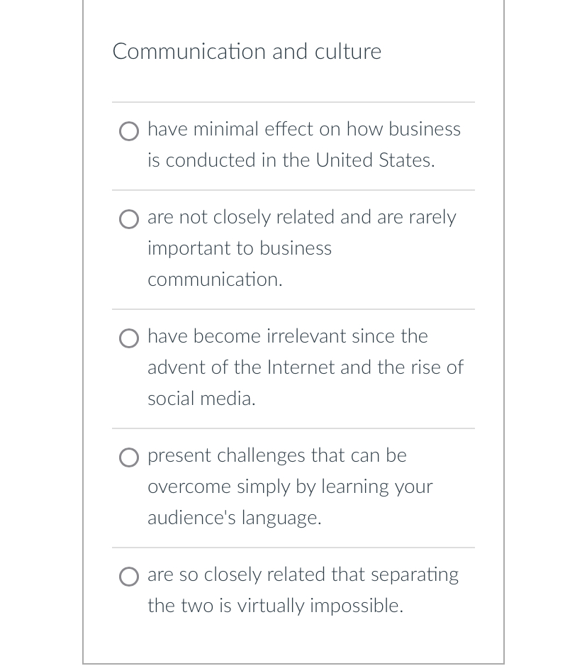 Solved Communication and culturehave minimal effect on how | Chegg.com