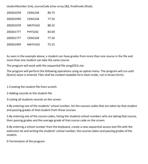 Solved student Number (int), courseCode (char array (8]), | Chegg.com