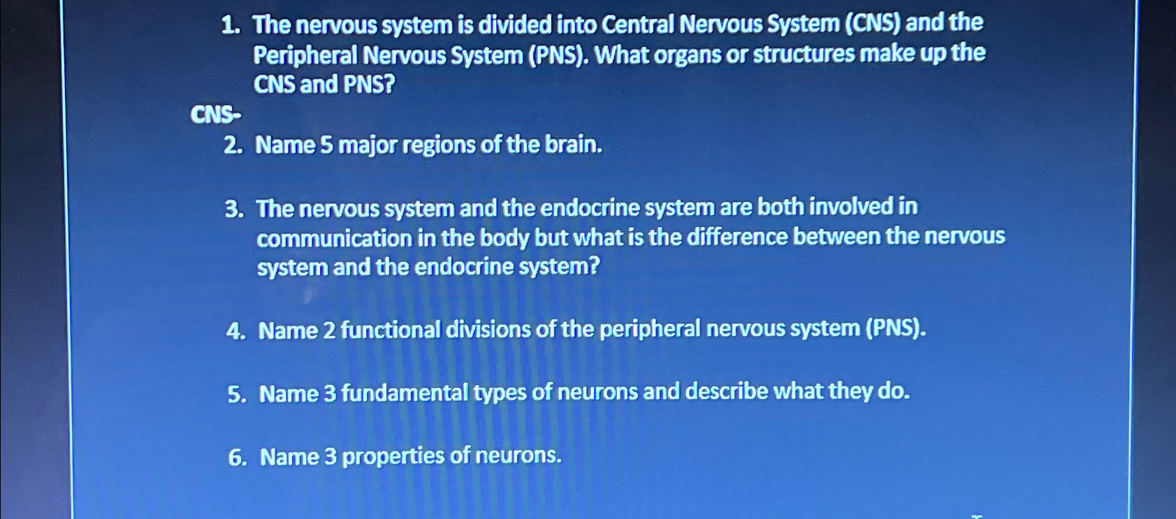 Solved The nervous system is divided into Central Nervous | Chegg.com