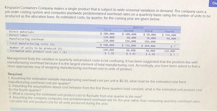 Solved Kingsport Containers Company makes a single product | Chegg.com