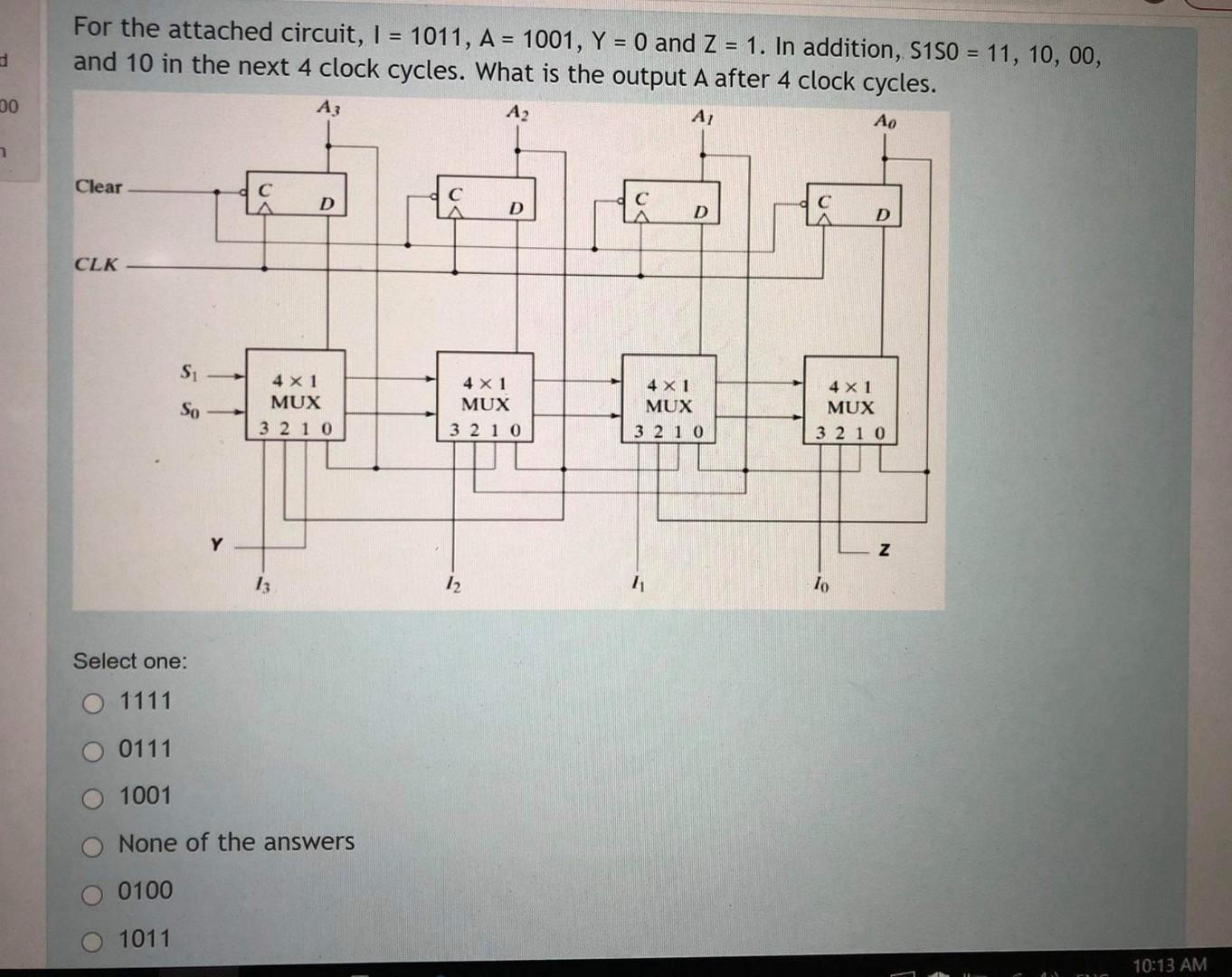 Solved For the attached circuit, I = 1011, A = 1001, Y = 0 | Chegg.com