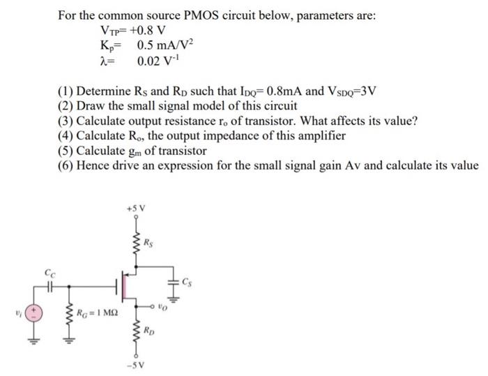 Solved For the common source PMOS circuit below, parameters | Chegg.com