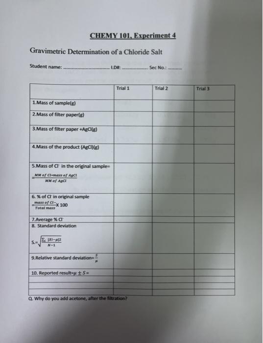 Solved CHEMY 101, Experiment 4 Gravimetric Determination of | Chegg.com