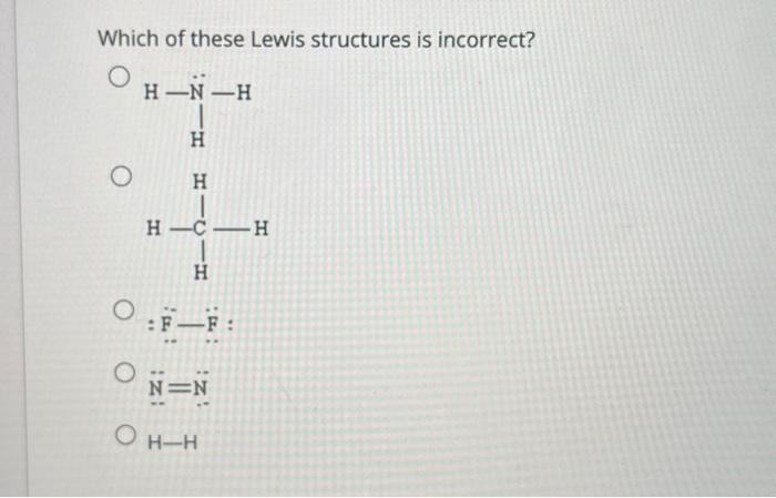 Solved Which of these Lewis structures is incorrect? ∴F−F¨: | Chegg.com
