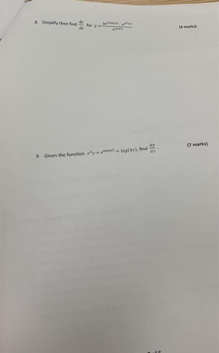 Solved 8. Simplify then find dxdy for y=e2x+13e2cos(x)⋅ex3+1 | Chegg.com