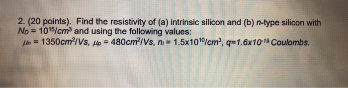 Solved 2. (20 points). Find the resistivity of (a) intrinsic | Chegg.com