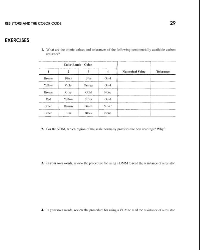 Solved RESISTORS AND THE COLOR CODE 29 EXERCISES 1. What are | Chegg.com