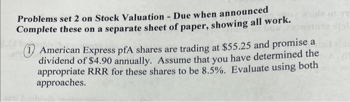 Solved Problems set 2 on Stock Valuation - Due when | Chegg.com