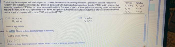Solved Preliminary data analyses indicate that you can | Chegg.com