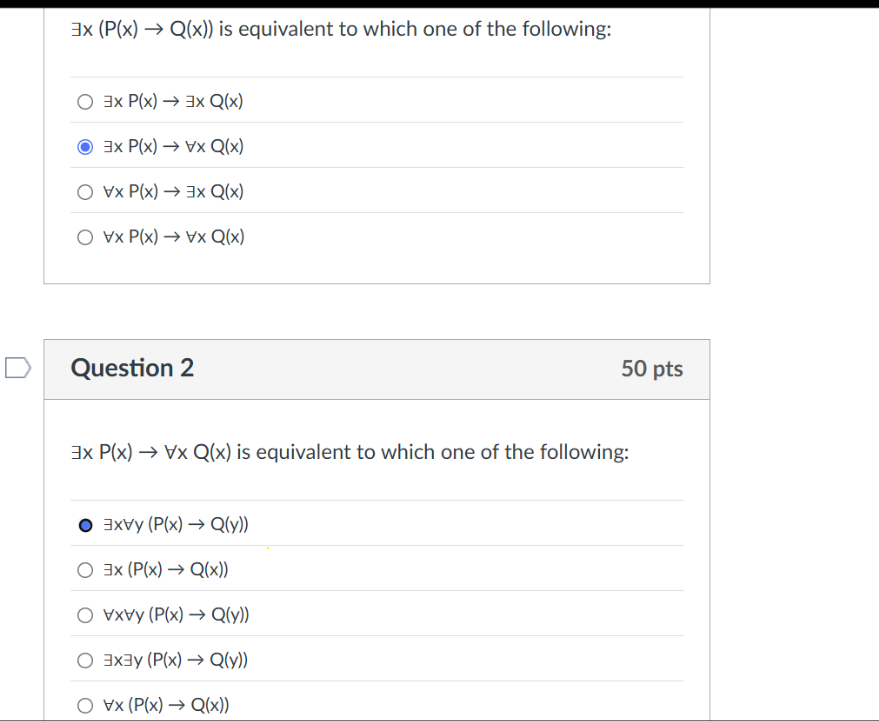 Solved EEx(P(x)→Q(x)) is ﻿equivalent to ﻿which one of ﻿the | Chegg.com