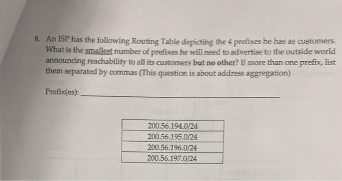 Solved 8. An ISP has the following Routing Table depicting | Chegg.com