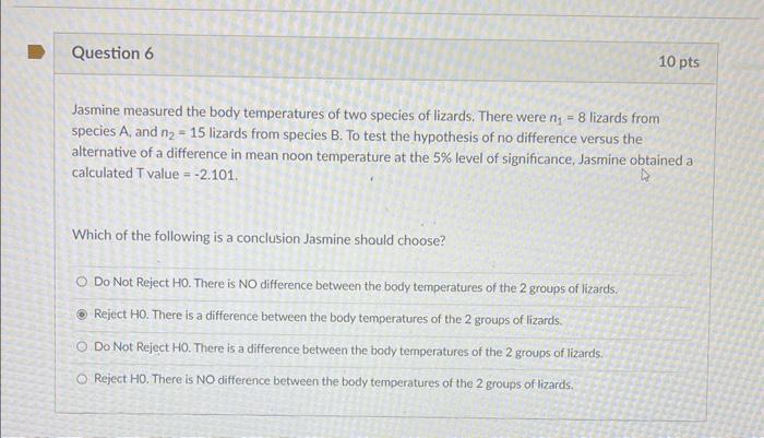 Solved Jasmine measured the body temperatures of two species | Chegg.com