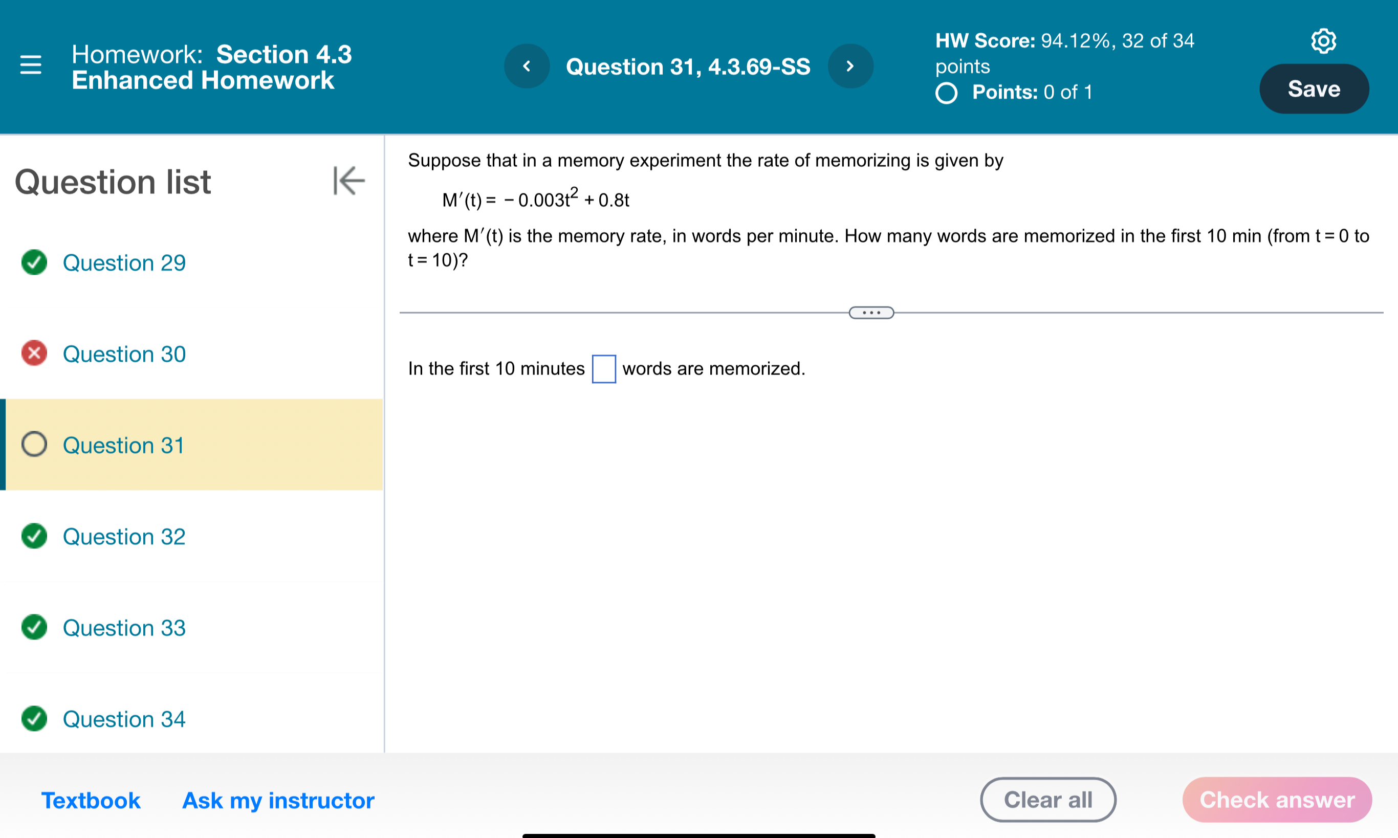 Solved -= Homework: Section 4.3HW Score: 94.12%,32 of | Chegg.com Solved -= Homework: Section 4.3HW Score: 94.12%,32 of | Chegg.com