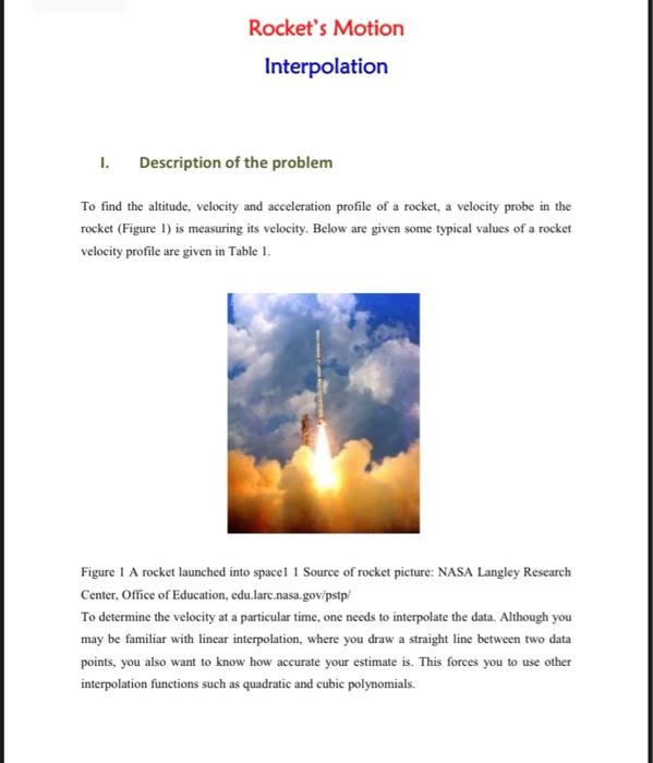 Solved Rocket's Motion Interpolation I. Description of the | Chegg.com