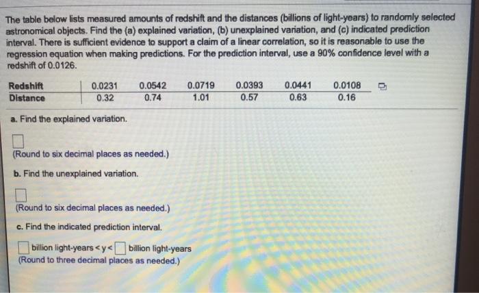 Solved The table below lists measured amounts of redshift | Chegg.com
