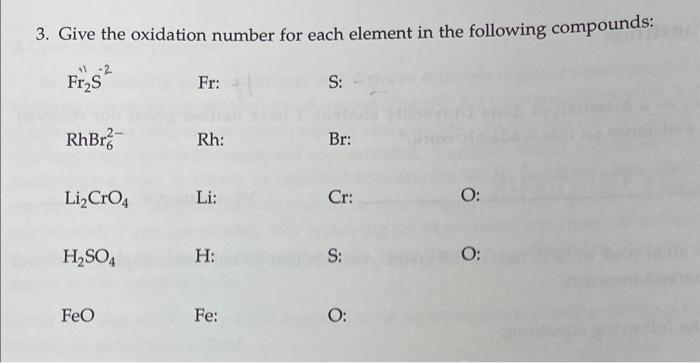 Solved 3. Give the oxidation number for each element in the | Chegg.com