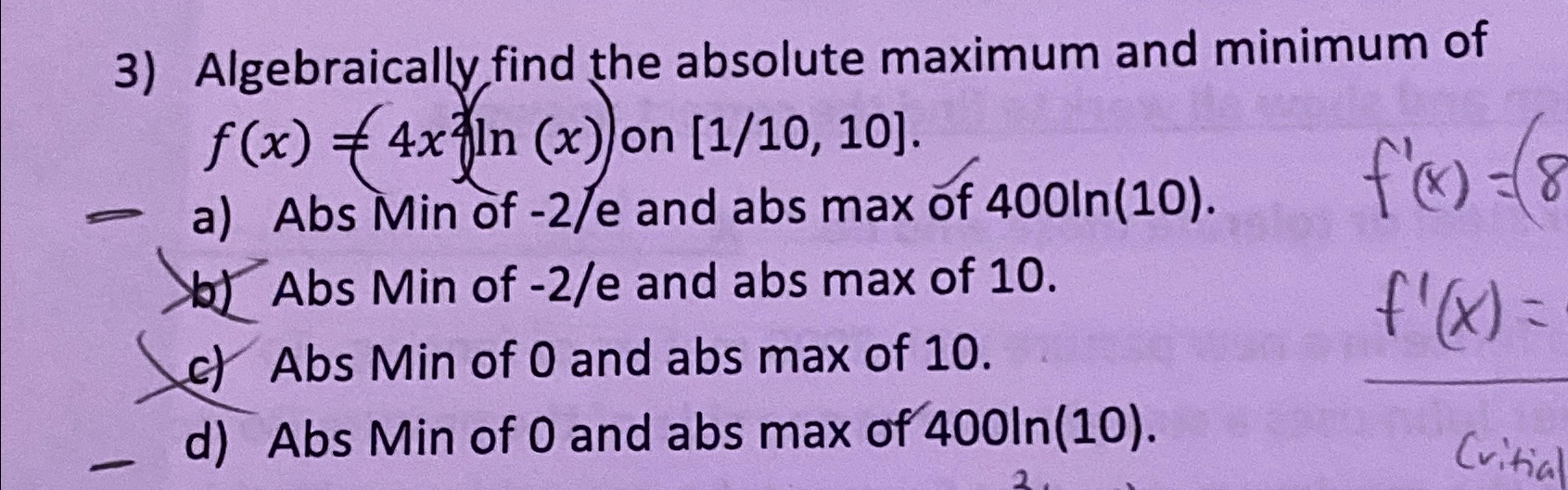 Solved Algebraically find the absolute maximum and minimum | Chegg.com