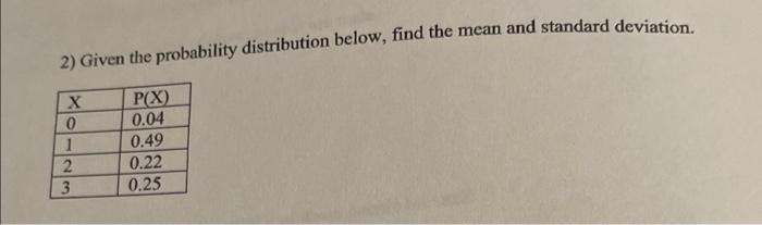 Solved 2) Given the probability distribution below, find the | Chegg.com
