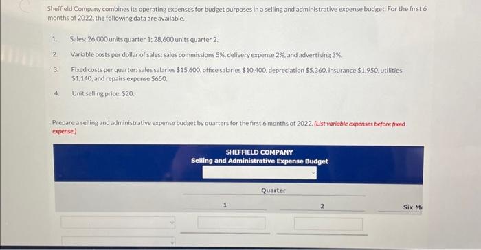 Solved Sheffield Company combines its operating expenses for | Chegg.com