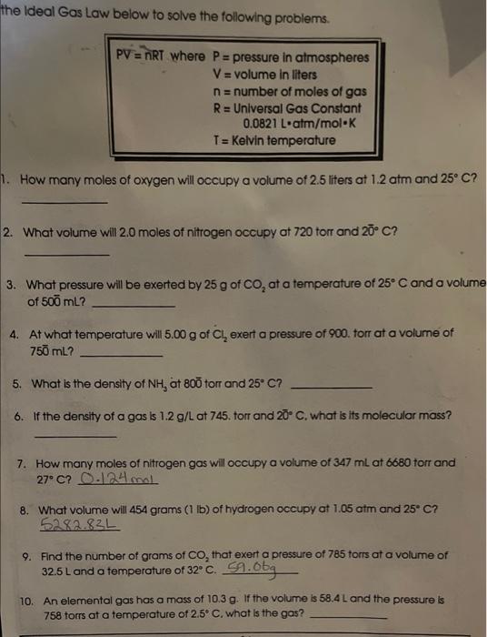 Solved the ideal Gas Law below to solve the following | Chegg.com