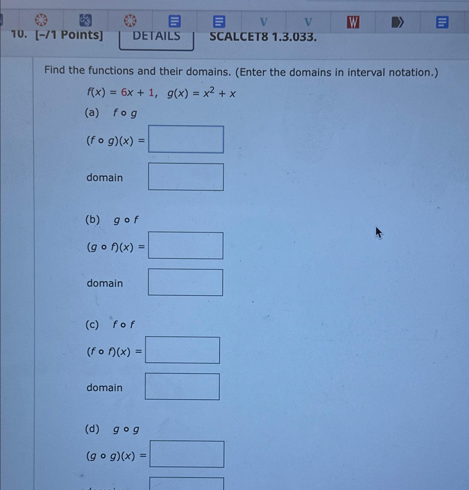 Solved [-/1 ﻿Points]DETAILSSCALCET8 1.3.033.Find the | Chegg.com