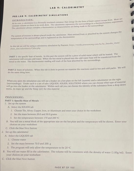 PRE-LAB 9F CALORIMETRY SIMULATIONS Ae its corci a | Chegg.com