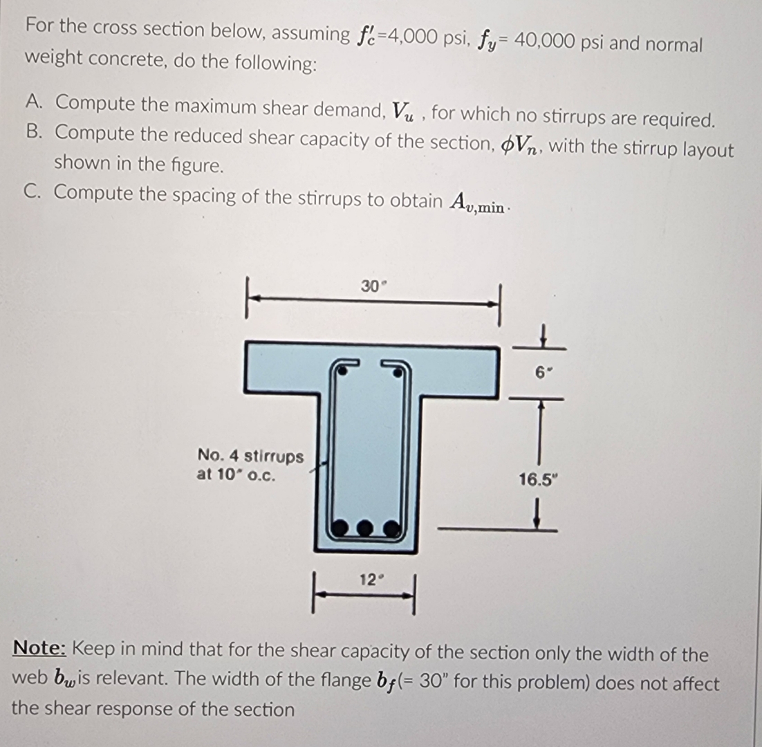 Solved For the cross section below, assuming fc'=4,000 ﻿psi, | Chegg.com