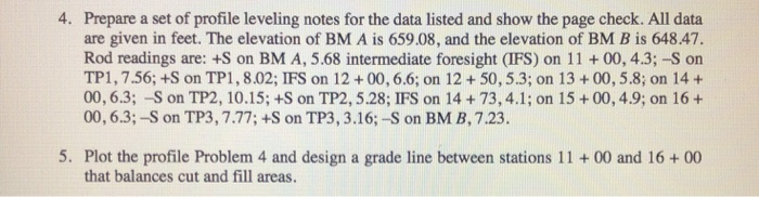 Solved 4. Prepare a set of profile leveling notes for the | Chegg.com