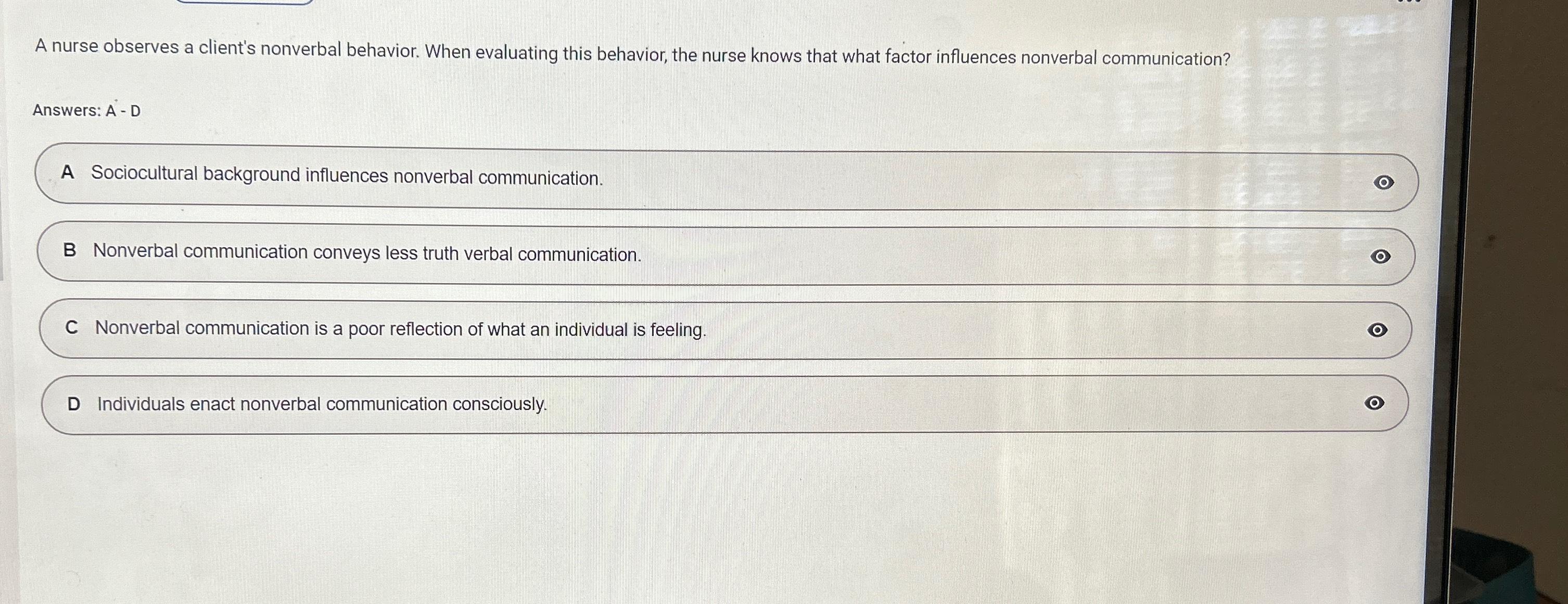 Solved A nurse observes a client's nonverbal behavior. When | Chegg.com