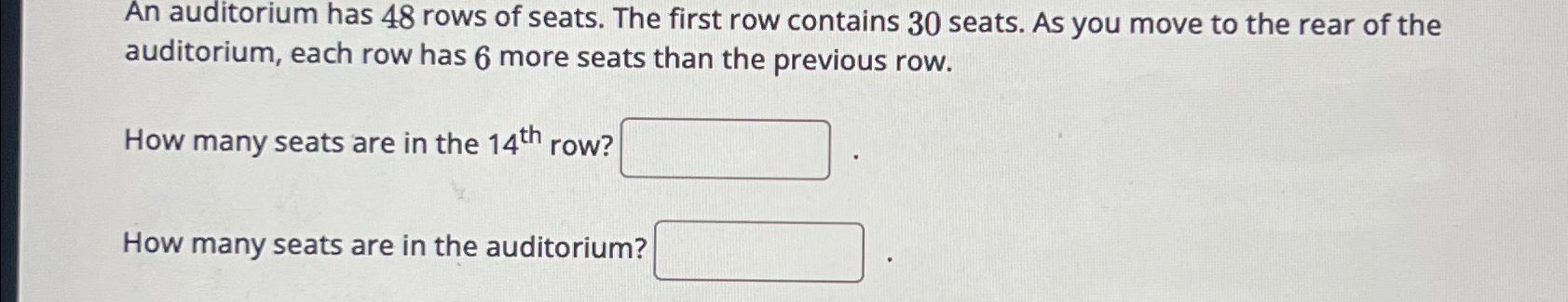 Solved An auditorium has 48 ﻿rows of seats. The first row | Chegg.com