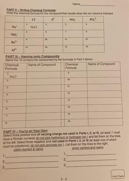 Solved PART II-Writing Chemical Formulas: Write the chemical | Chegg.com