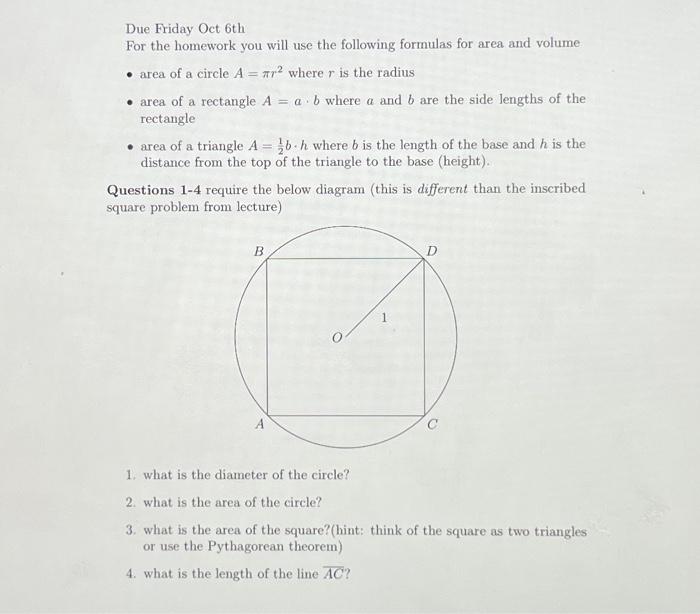 Solved area of a circle A = r2 where r is the radius area of | Chegg.com