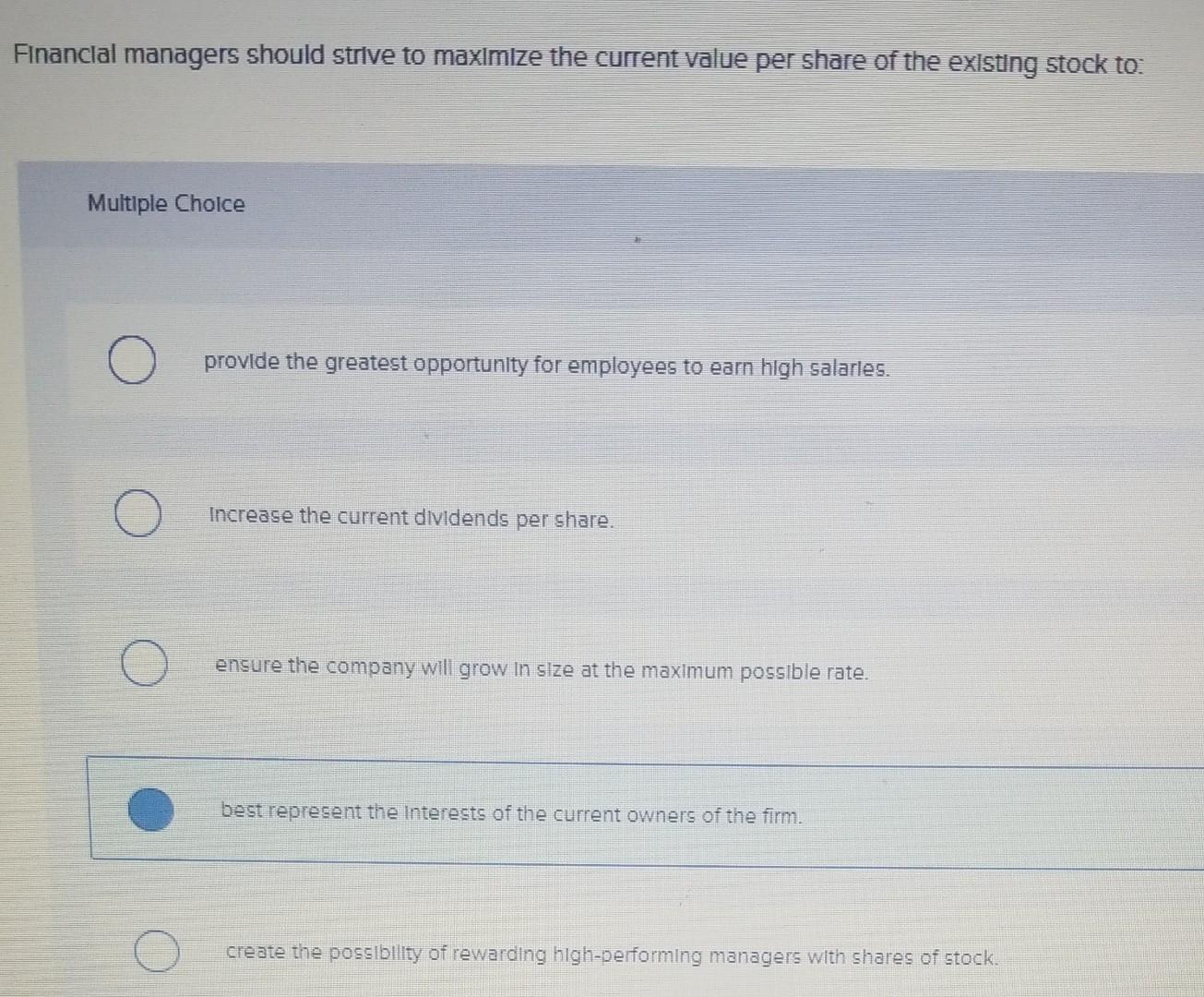 Solved Financlal managers should strive to maximize the | Chegg.com