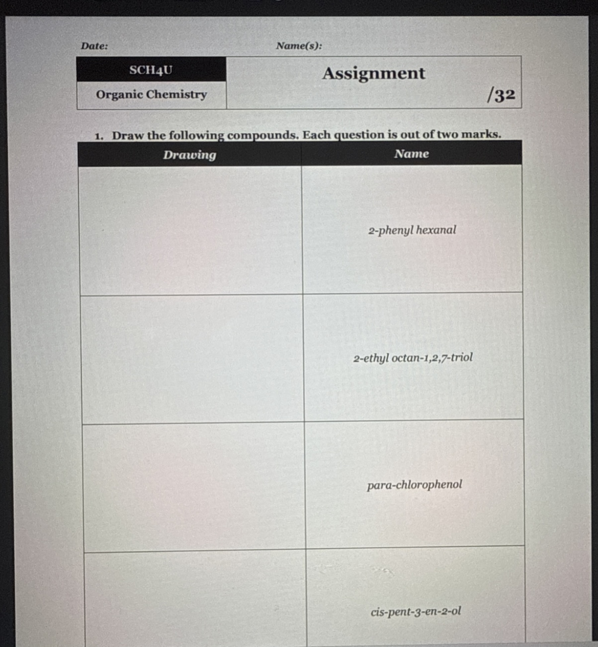 Solved Date:Name(s):SCH4UAssignmentOrganic Chemistry1321. | Chegg.com