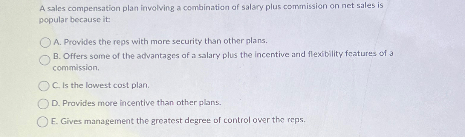 Solved A sales compensation plan involving a combination of | Chegg.com