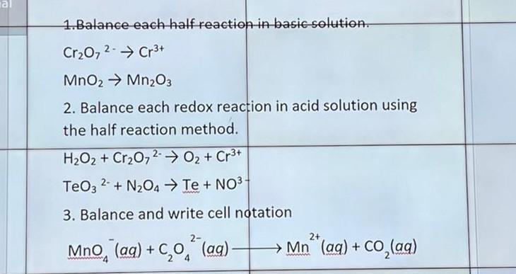 Solved Cr2O72→Cr3+MnO2→Mn2O3 2. Balance each redox reaction | Chegg.com