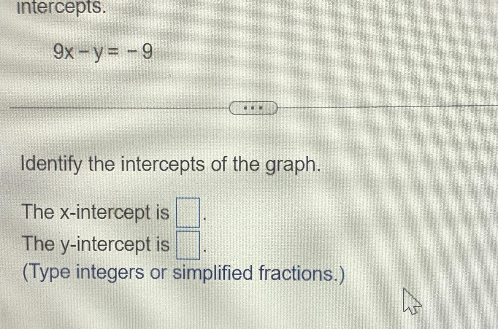 Solved intercepts.9x-y=-9Identify the intercepts of the | Chegg.com