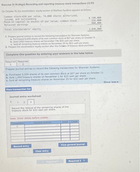 Solved Exercise 11-14 (Algo) Recording and reporting | Chegg.com