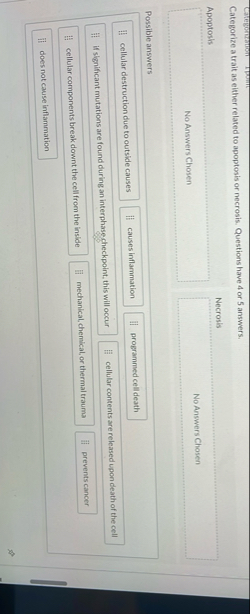 Solved Categorize a trait as either related to apoptosis or | Chegg.com