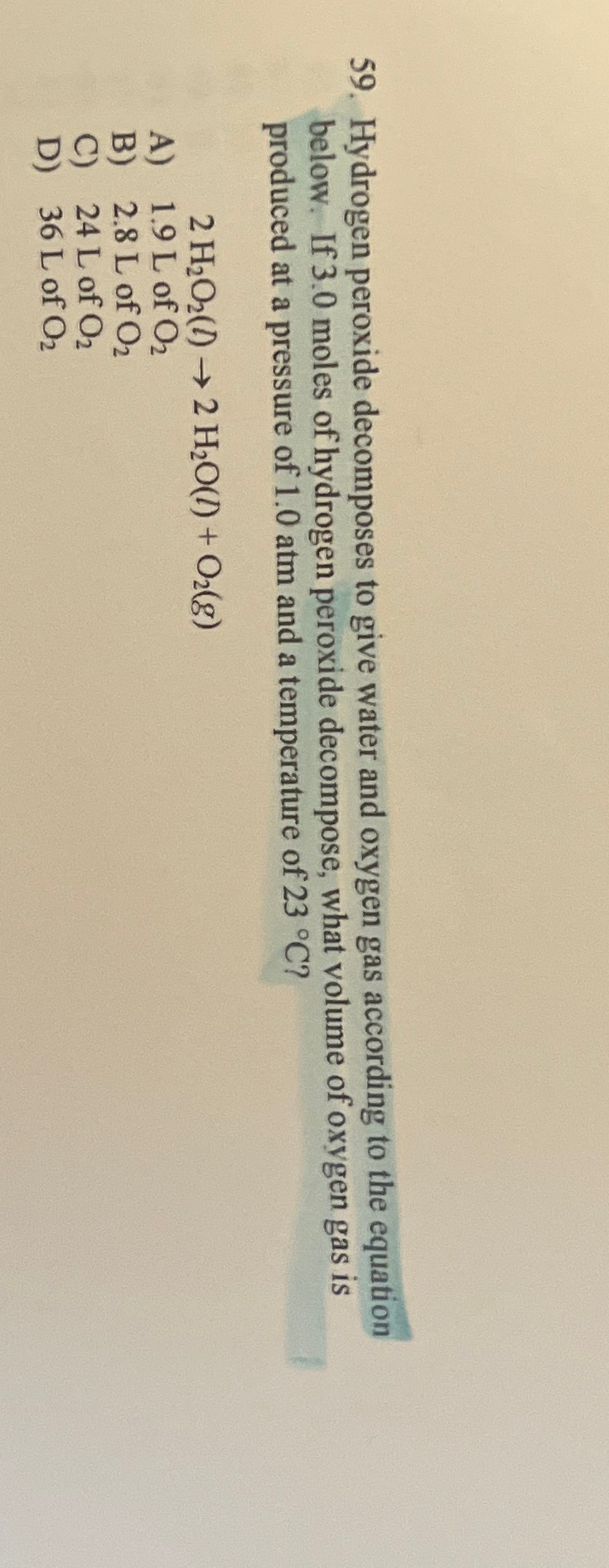 Solved Hydrogen peroxide decomposes to give water and oxygen | Chegg.com