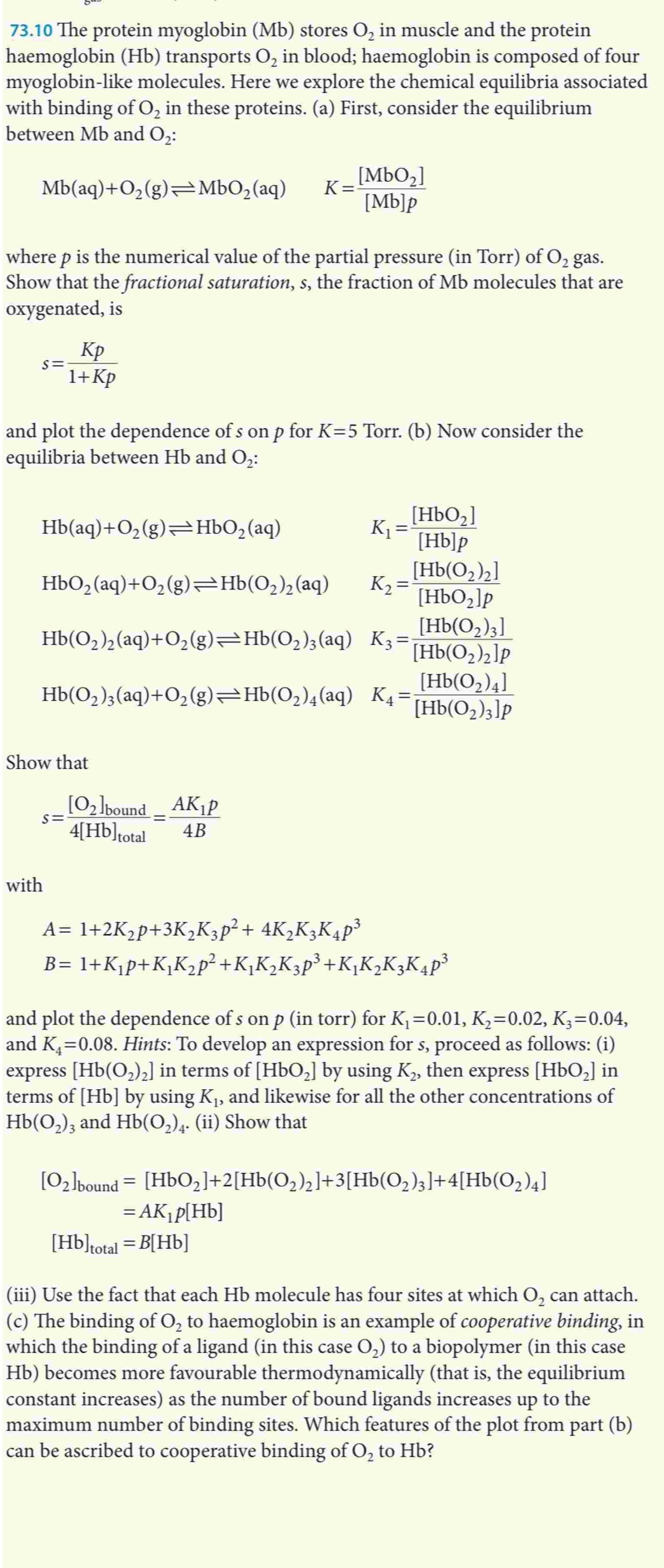 Solved 73.10 The protein myoglobin (Mb) stores O_(2) in | Chegg.com