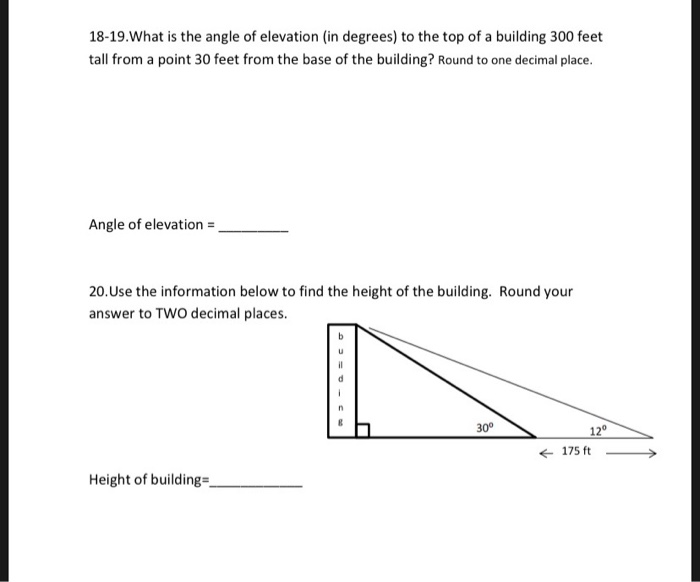 Solved 18-19. What is the angle of elevation in degrees) to | Chegg.com